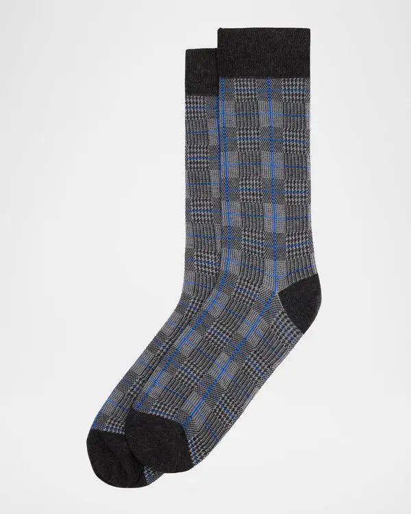 Neiman Marcus Glen Plaid Crew Socks - Grey