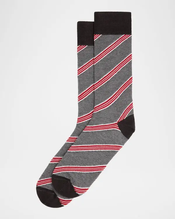 Neiman Marcus Diagonal Birdseye Crew Socks - Red Gray