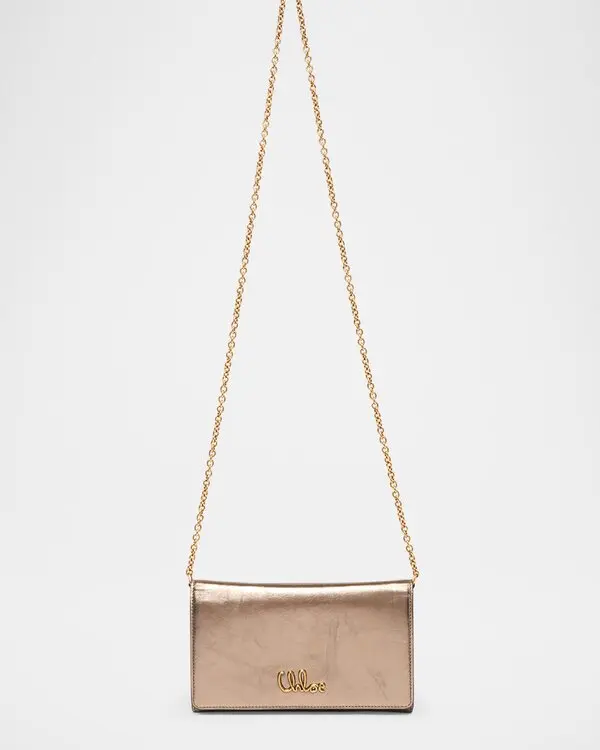 Chloé Iconic Wallet On Chain In Metallic Leather - Shiny Grey