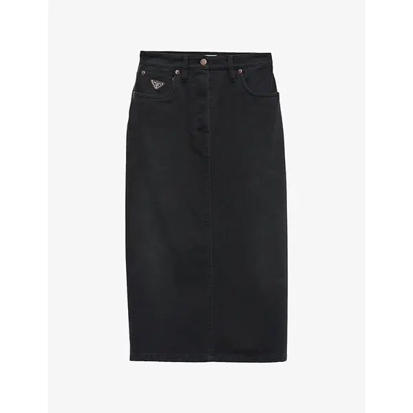 Prada Enamelled-logo Straight-fit Denim Midi Skirt