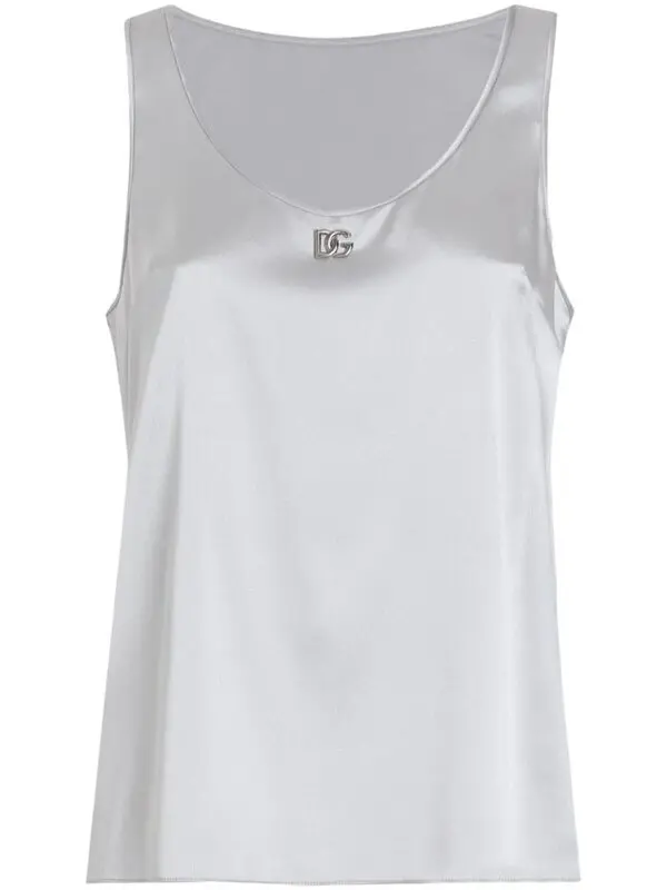 Dolce & Gabbana Silk Satin Tank Top With Dg Logo Pin - Grey