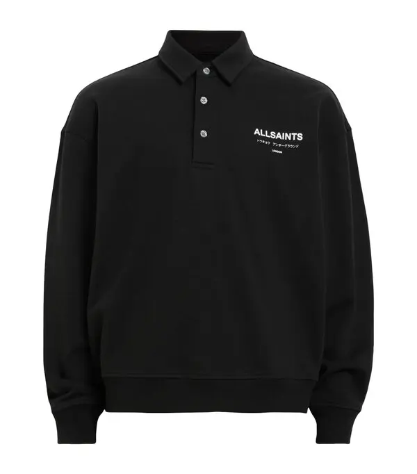 All Saints Underground Logo Polo Sweatshirt In Black 21% Off
