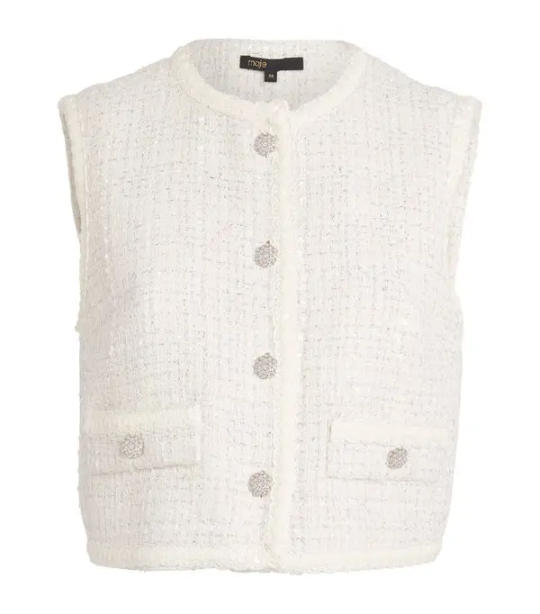 Maje Tweed Sleeveless Jacket - White