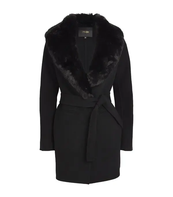 Maje Wool-blend Coat With Faux Fur Collar - Black