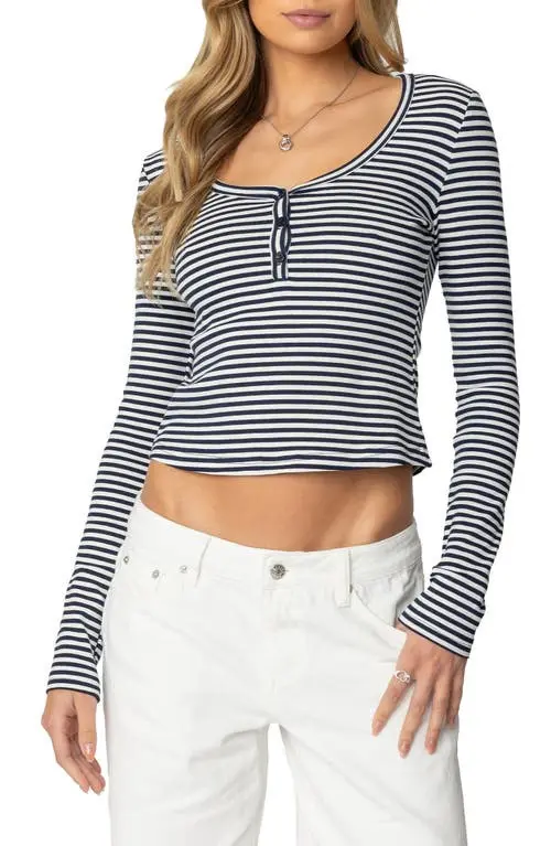 EDIKTED Jocelyn Stripe Cotton Crop Top - Navy