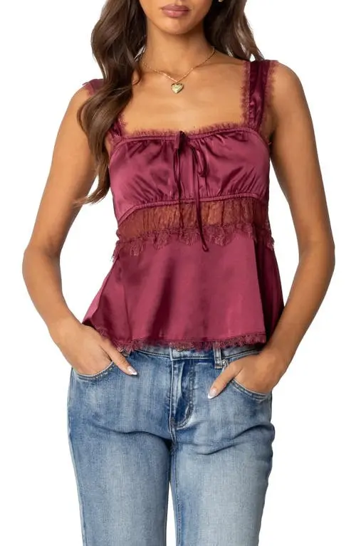 EDIKTED Loryn Lace Satin Top - Burgundy