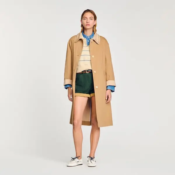 Sandro Trench Coat With Rhinestone Collar - Camel
