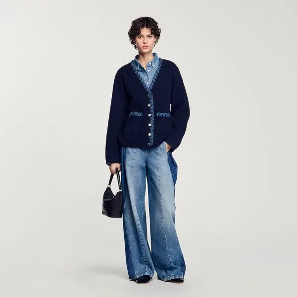 Sandro Cardigan With Denim Trim - Navy Blue