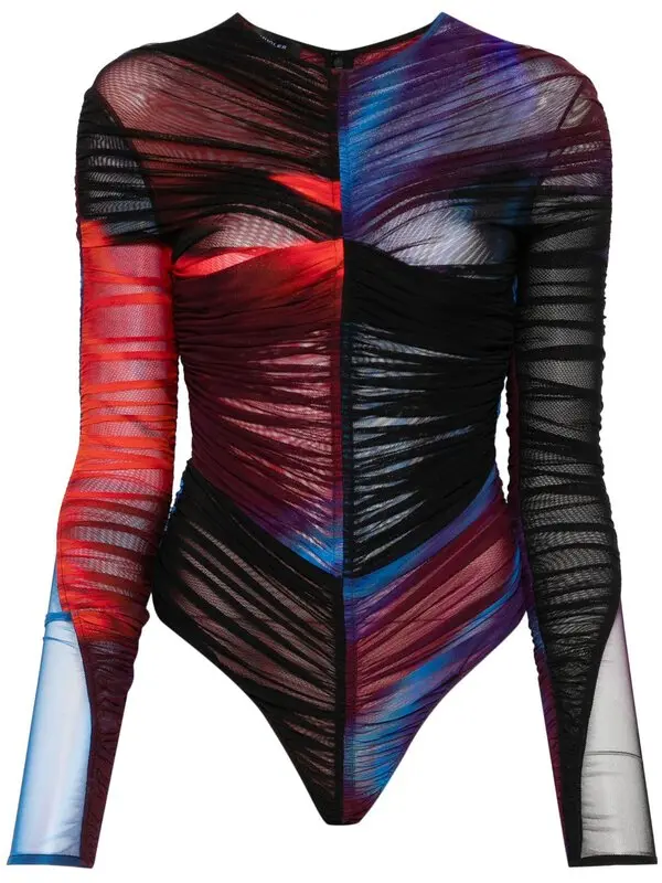MUGLER Ruched Mesh Bodysuit - Black