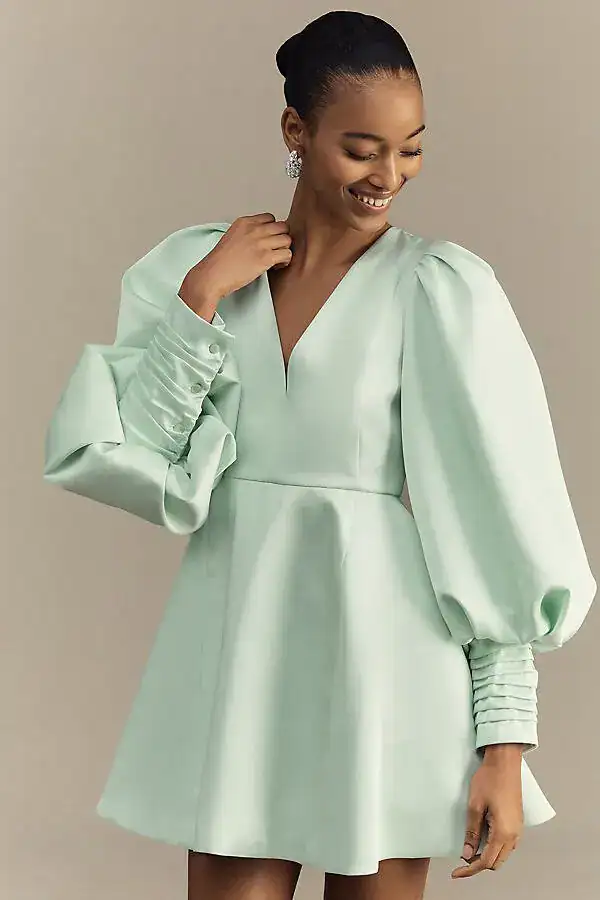 Mare Mare Macie Balloon-Sleeve V-Neck A-Line Mini Dress In Green - 31% Off  | Editorialist