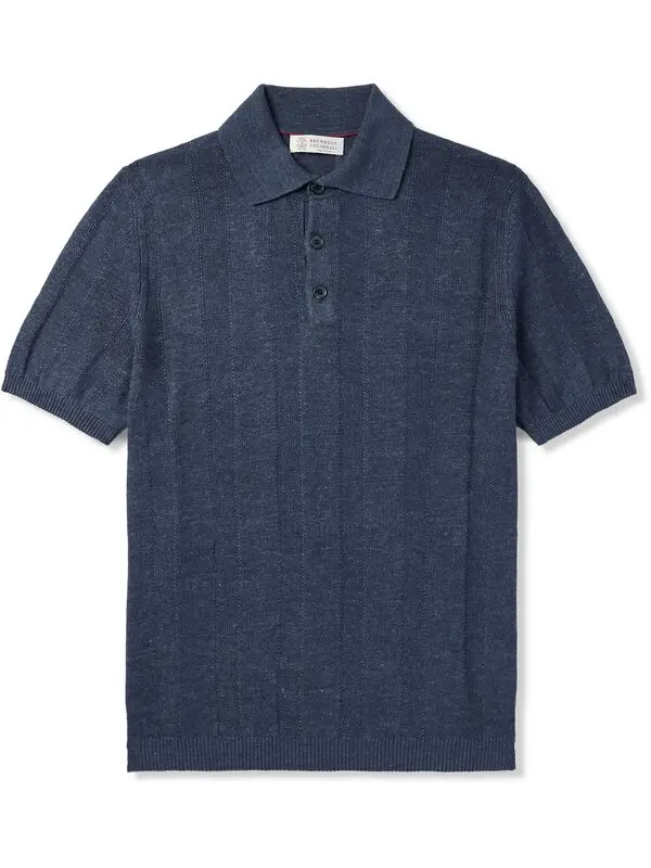 Brunello Cucinelli Striped Linen And Cotton-blend Polo Shirt - Blue