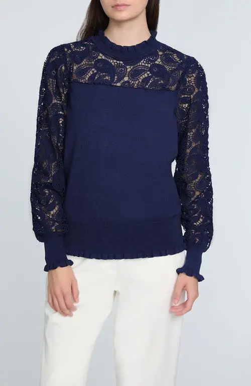Elie Tahari Felicity Floral Lace Detail Sweater - Daphne Blue