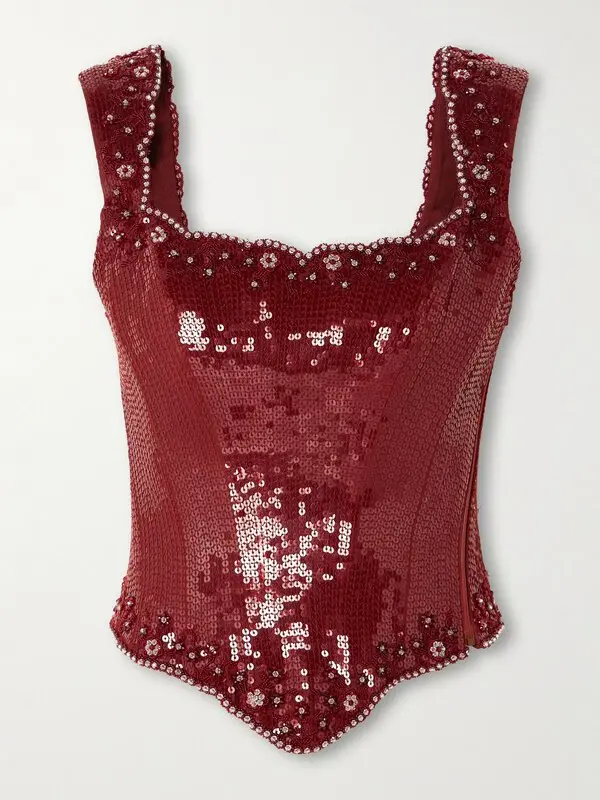 CLIO PEPPIATT Syrah Embellished Tulle Bustier Top - Burgundy