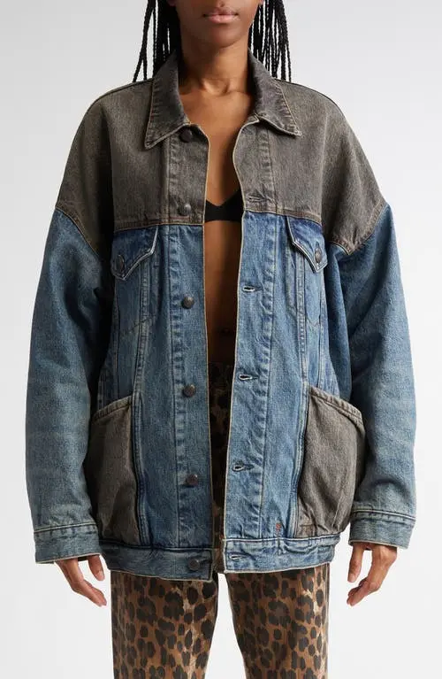 R13 Lacey Oversized Colorblocked Trucker Jacket - Dawson Indigo Color Block