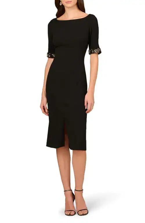 Adrianna Papell Aidan Mattox Beaded Sleeve Stretch Crepe Cocktail Midi Dress  In Black - 25% Off | Editorialist