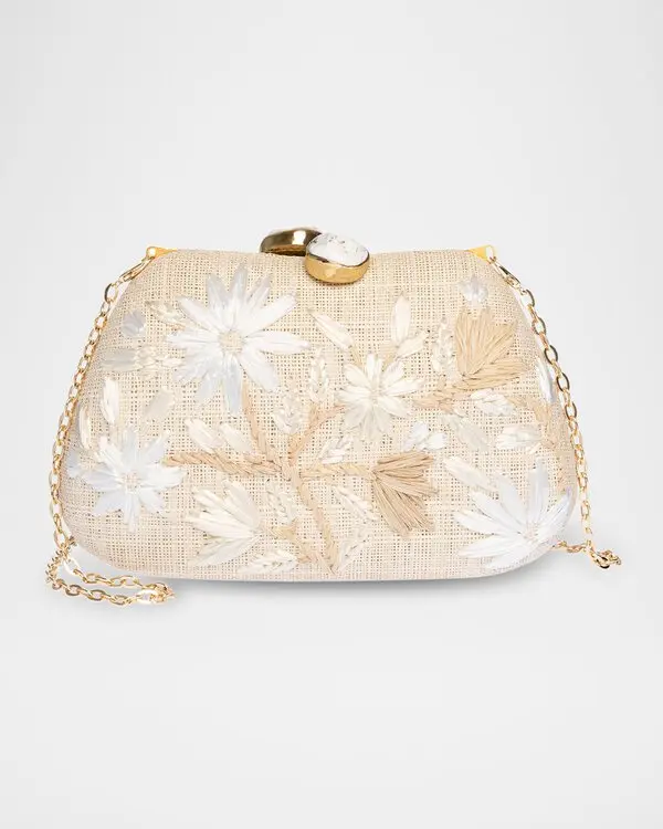 RAFE Tamu Flower Embroidered Raffia Clutch - Natural