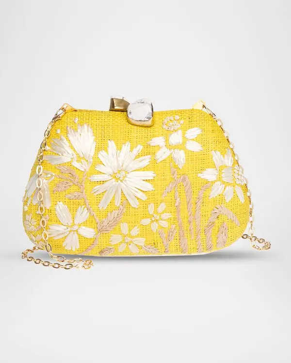 RAFE Tamu Flower Embroidered Raffia Clutch Bag - Yellow