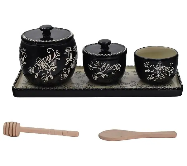 TEMP-TATIONS Floral Lace 3-piece Condiment Jars With Tray