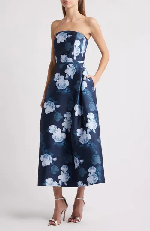 Sachin & Babi Shay Floral Strapless Mikado Midi Dress - Midnight Glacial Rose