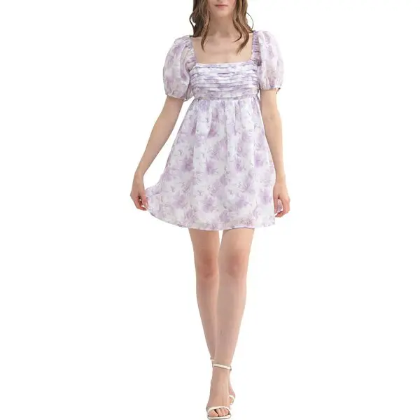 All In Favor Floral Pleat Bodice Babydoll Mini Dress In Lavender Floral -  58% Off | Editorialist