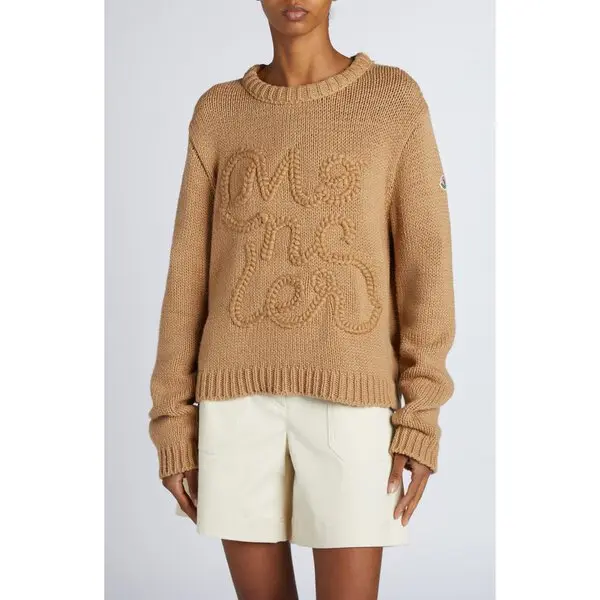 Moncler Logo Embroidered Crewneck Sweater - Beige Tan