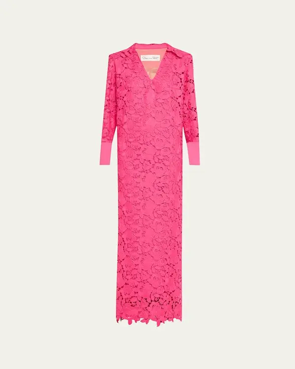 Oscar De La Renta Roses Guipure Poplin Caftan Bright Pink