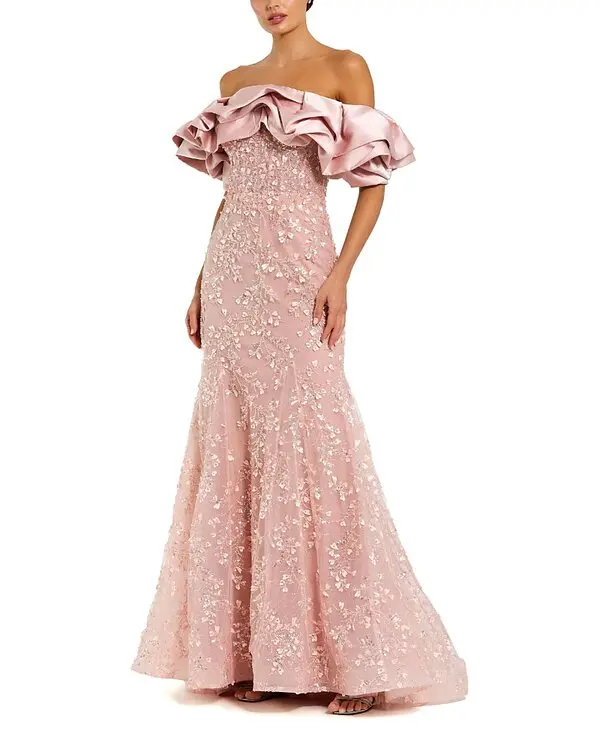 Mac Duggal Beaded Applique Off-the-shoulder Gown