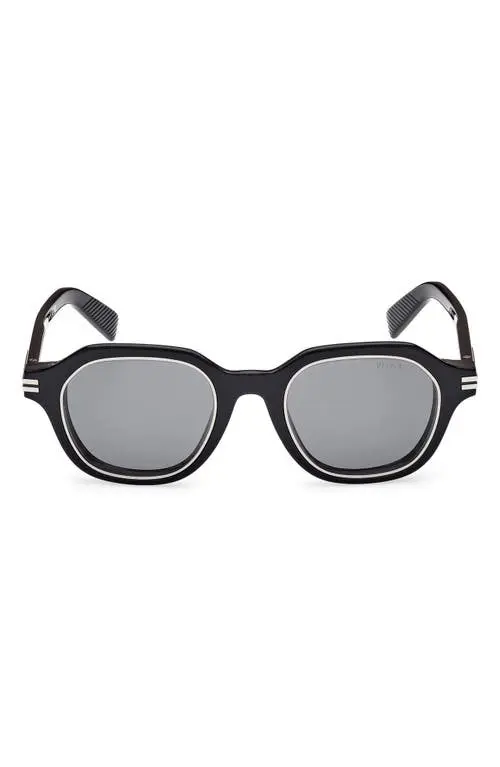 Zegna 49mm Geometric Polarized Sunglasses - Shiny Black / Smoke