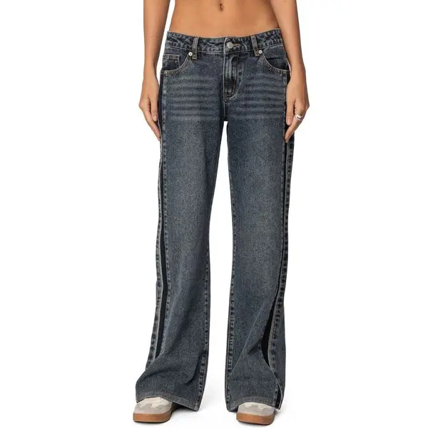 EDIKTED Contrast Panel Low Rise Wide Leg Jeans - Dark-blue