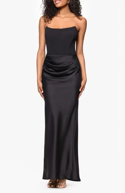 Betsy & Adam Strapless Mixed Media Gown
