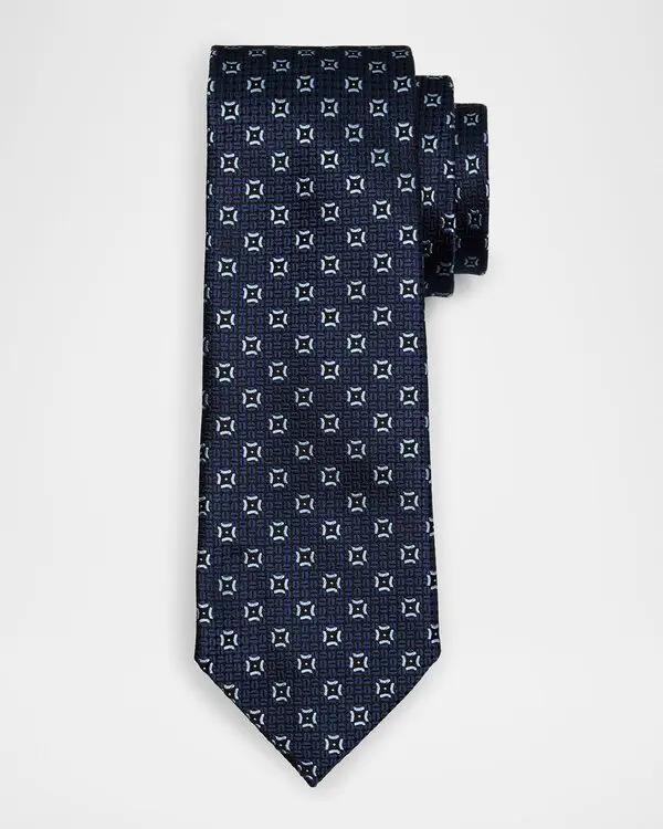Zegna Woven Medallion Neck Tie - Nvy Fan