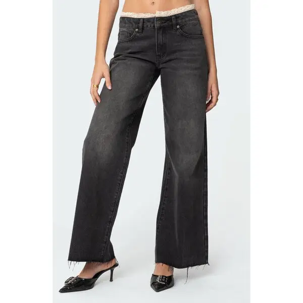 EDIKTED Karlie Lace Trim Wide Leg Jeans - Black-washed