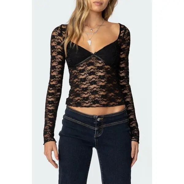 EDIKTED Mykonos Sheer Lace Crop Top - Black