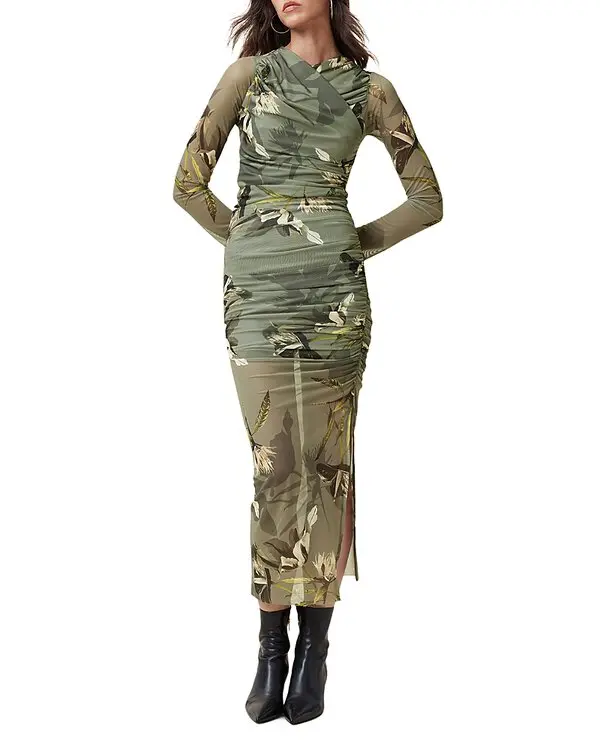 All Saints Hanako Mesh Midi Dress - Emerge Olive Green