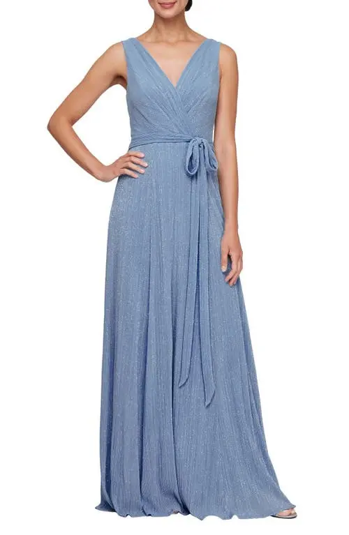 Alex Evenings Tie Waist Metallic Gown - Dusty Blue