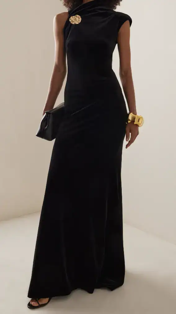 Unknown Carla Zampatti Button-Embellished Velvet Gown - Black | Editorialist