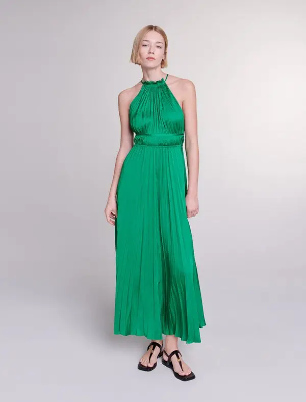 Maje Pleated Satin Maxi Dress In Green - 40% Off | Editorialist