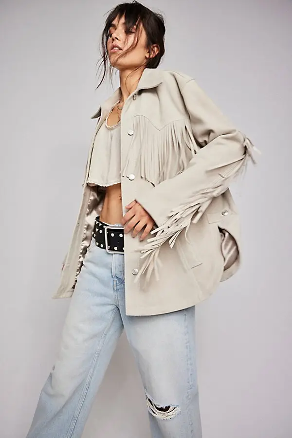 Free People We The Free Fringe Out Suede Shirt Jacket - Biscotti