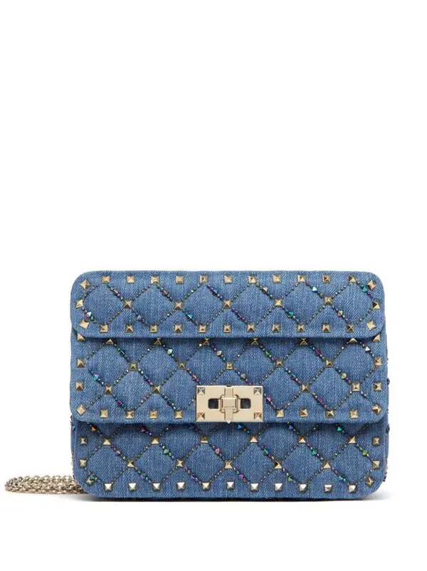 Valentino Garavani Rockstud Spike Denim Crossbody Bag In Blue 29