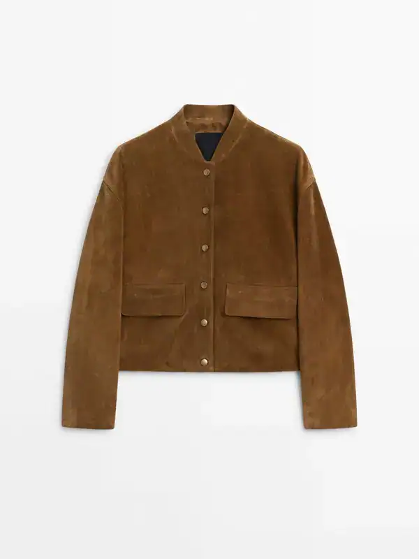 Massimo Dutti Suede Leather Bomber Jacket With Gold Snap Buttons