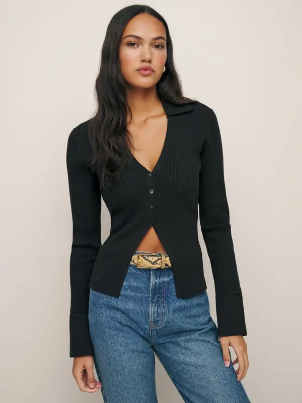 REFORMATION Valentina Ribbed Open Cardigan - Black