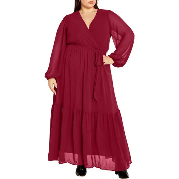 City Chic Charlie Long Sleeve Faux Wrap Maxi Dress In Ruby - 50% Off