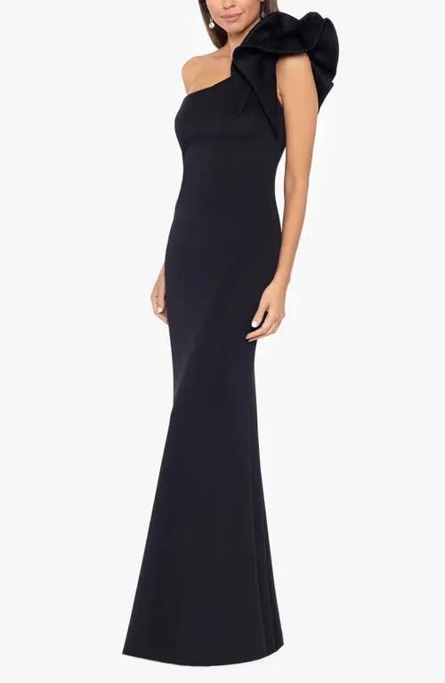 Betsy & Adam Ruffle One-shoulder Scuba Knit Gown - Black
