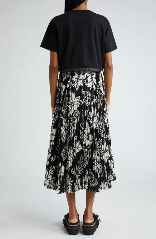Sacai Mixed Media Pleated T-Shirt Midi Dress Black X Black - Main Image