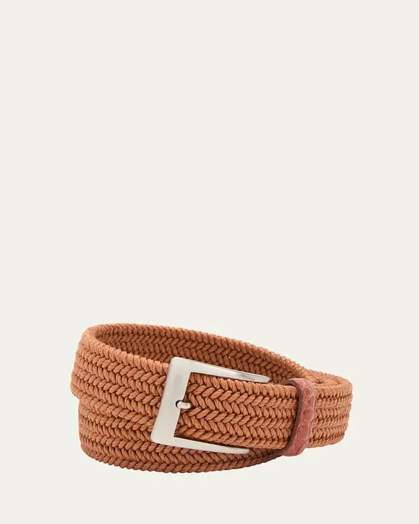 W.KLEINBERG Stretch Woven Belt With Alligator Trim - Cognac