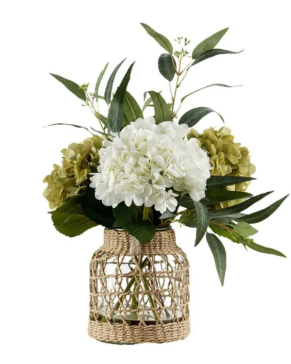 Buy D&W SILKS Hydrangeas And Eucalyptus In Jute Wrapped Glass Vase