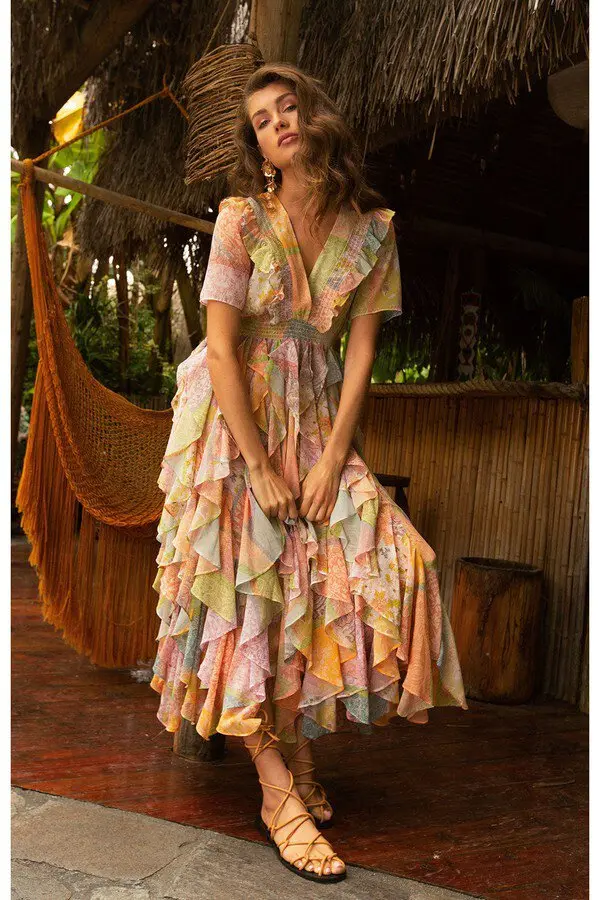 Hale Bob Aspen Ruffle Chiffon Dress - Neutral