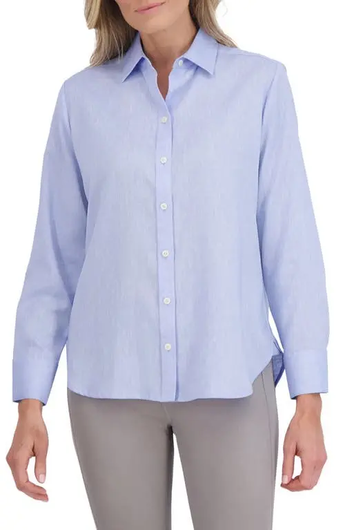 Foxcroft Meghan Linen Blend Button-Up Shirt Powder Blue