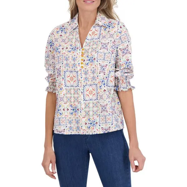 Foxcroft Alexis Watercolor Print Cotton Popover Top - White Multi