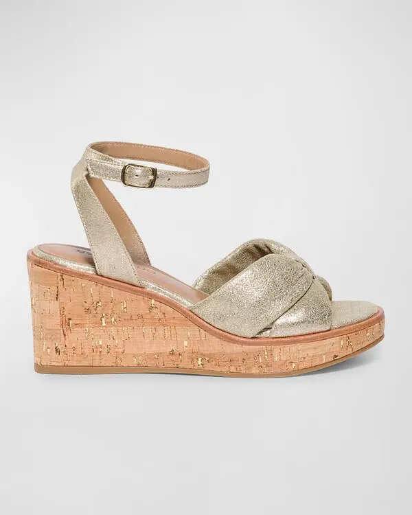 Bernardo Metallic Suede Cork Wedge Sandals Champagne Tumbled